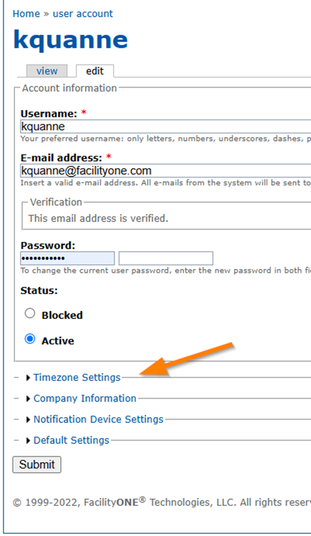 How do I update my time zone in FacilityONE?